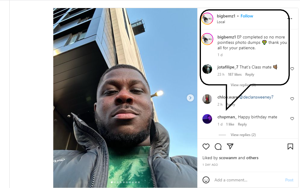 That's class mate- Jota on the Insta as Dixon and Big Bemz send his ...